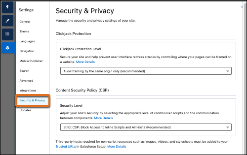 Select a Security Level in Experience Builder Sites