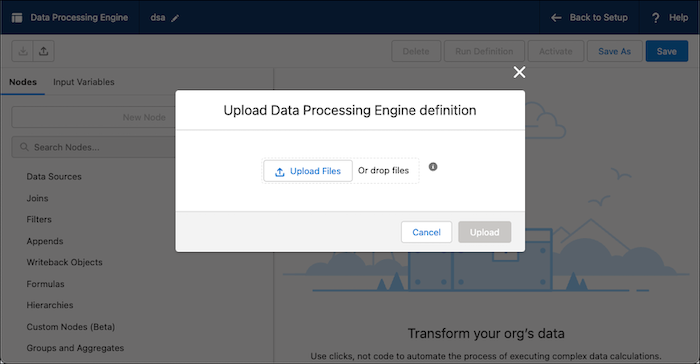 Upload the JSON File of a Modified Data Processing Engine Definition
