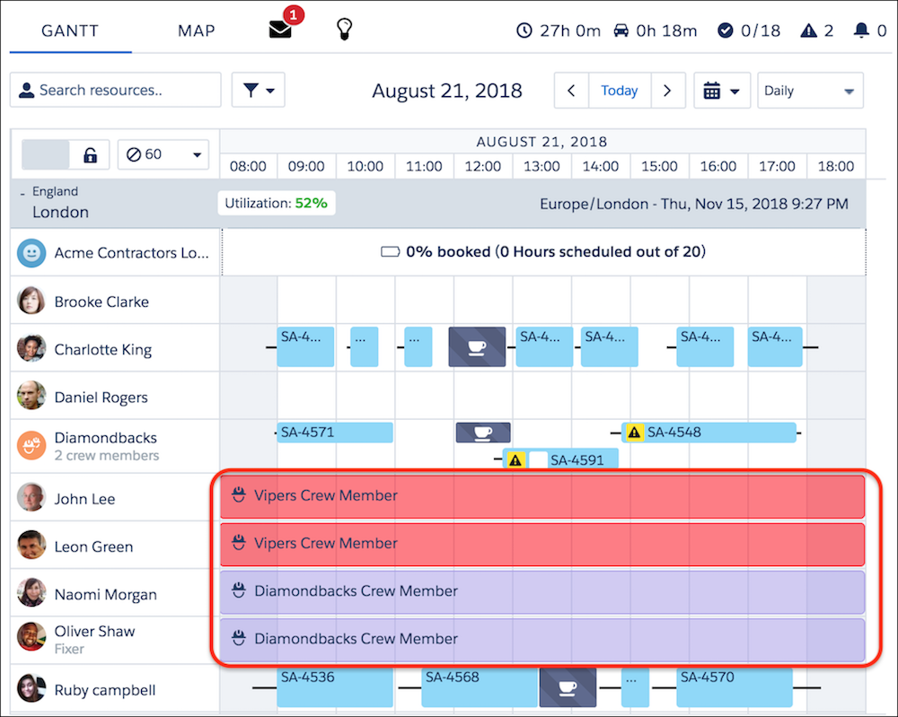 View Service Crews on the Gantt